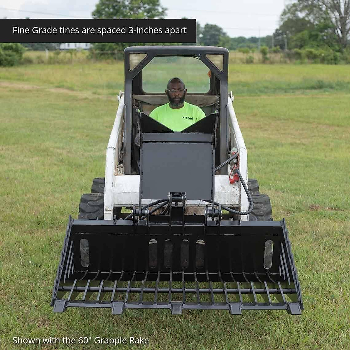 Titan Attachments 72-in Fine Grade Rock Grapple Skeleton Rake with Teeth, Universal Skid Steer Quick Tach