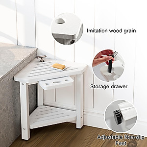 YIGII Corner Shower Stool - Waterproof Bathroom Shower Bench with Adjustable Feet, Non-Slip Corner Bench with Storage Shelf for Shaving Legs, Indoor/Outdoor Use, White