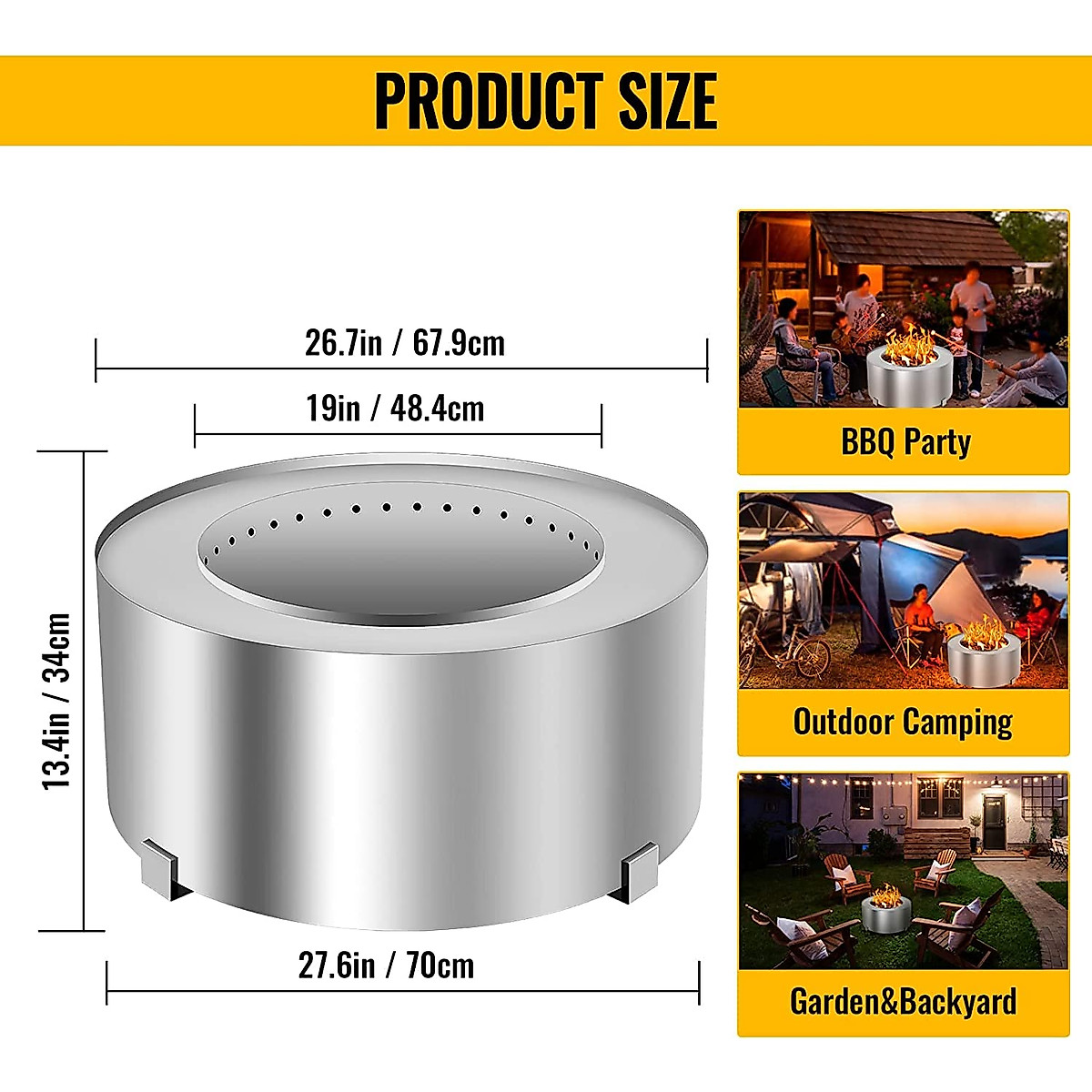 Smokeless Fire Pits Large Wood Burning Fire Pit Carbon Steel Stove Bonfire Fire Pit Portable Outdoor Fire Bowl for Picnic Camping Backyard (28.5 Inch)