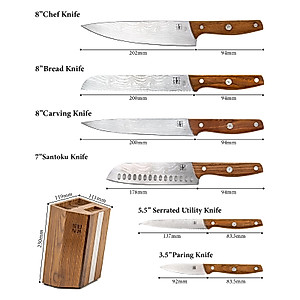 Knife Set, 7 Pieces Knife Block Set, EUNA Kitchen Knife Set with Wooden Handle, Japanese Stainless Steel Chef Knife Set Professional Cooking Knives, Silver