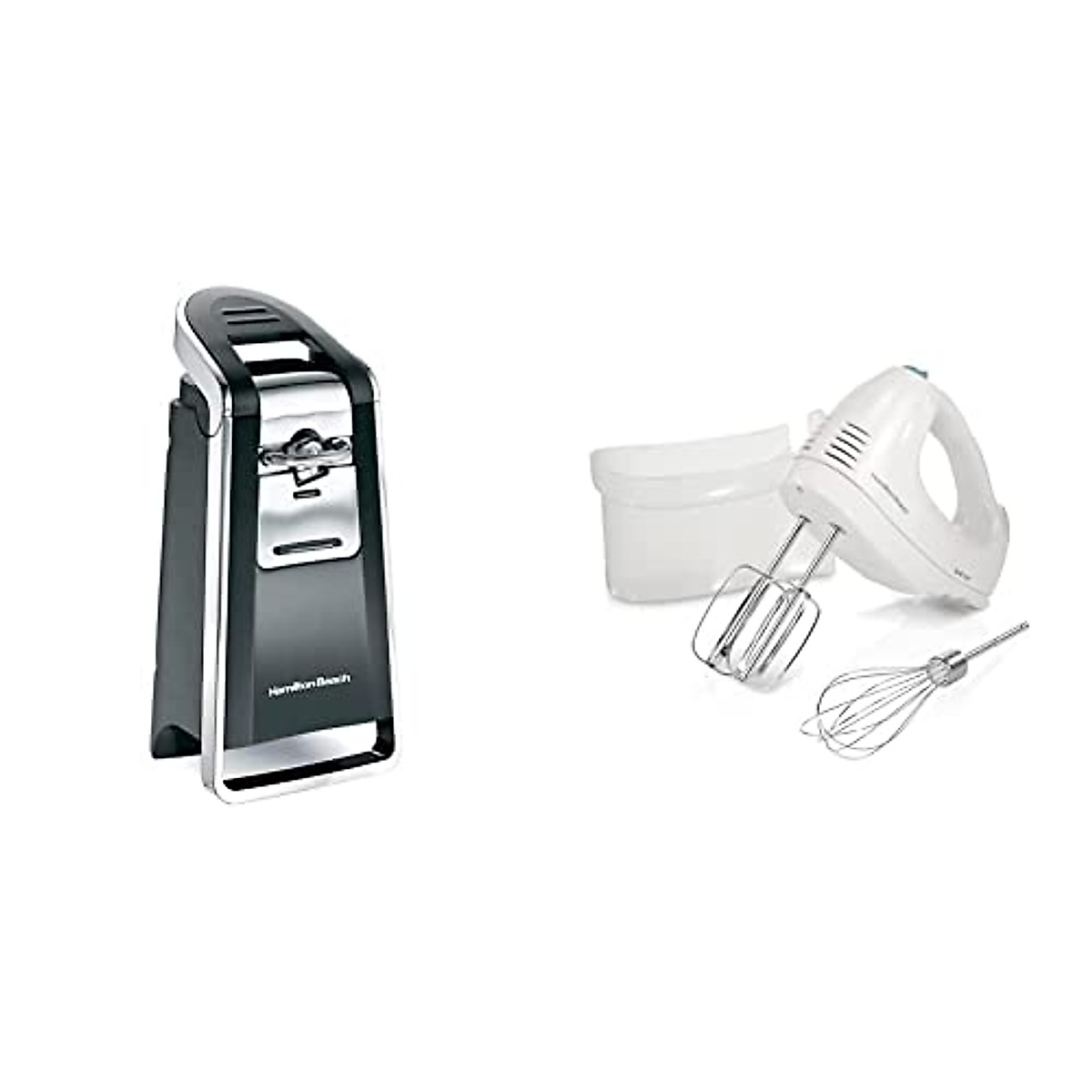 Hamilton Beach (76606ZA) Smooth Touch Electric Automatic Can Opener, Black and Chrome & 6-Speed Electric Hand Mixer with Whisk, Traditional Beaters, Snap-On Storage Case, White