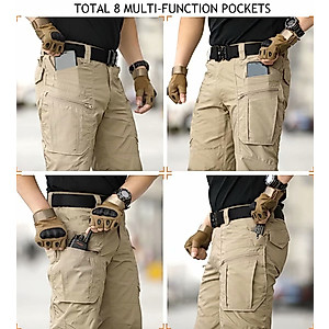 NAVEKULL Men's Work Cargo Pants for men Rip Stop Tactical Pants Outdoor Hiking Camping Travel Pants Lightweight Water Resistant Waterproof Military Army Combat Trousers with Side Zipper Pockets Khaki