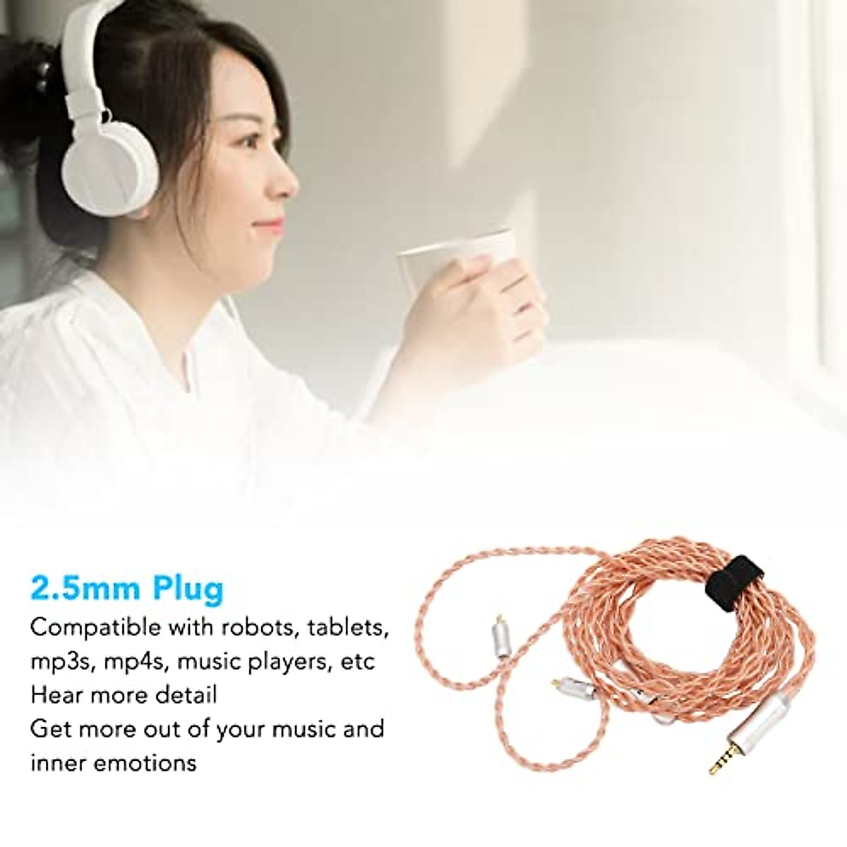 Earbuds Upgrade Cable, 2 Pin IEM Cable 0.78Mm Audio Aux Cord 1.2M 4 Core 2.5Mm Plug Silver Plated Replacement Headphone Cord, Single Crystal Copper Headphone Cable