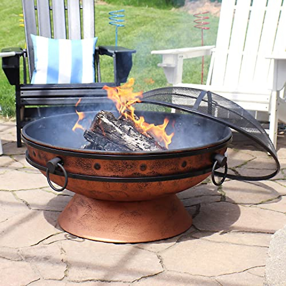 Sunnydaze 30-Inch Raised Outdoor Fire Pit Bowl - with Handles, Log Poker, and Spark Screen - Copper Finish