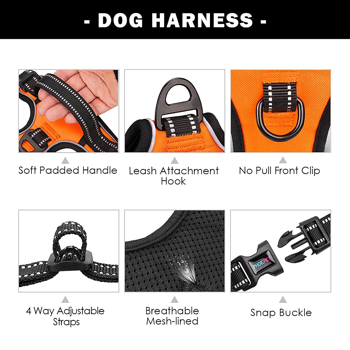 PHOEPET No Pull Dog Harnesses for Small Dogs Reflective Adjustable Front Clip Vest with Handle 2 Metal Rings 3 Buckles [Easy to Put on & Take Off] (S, Orange)