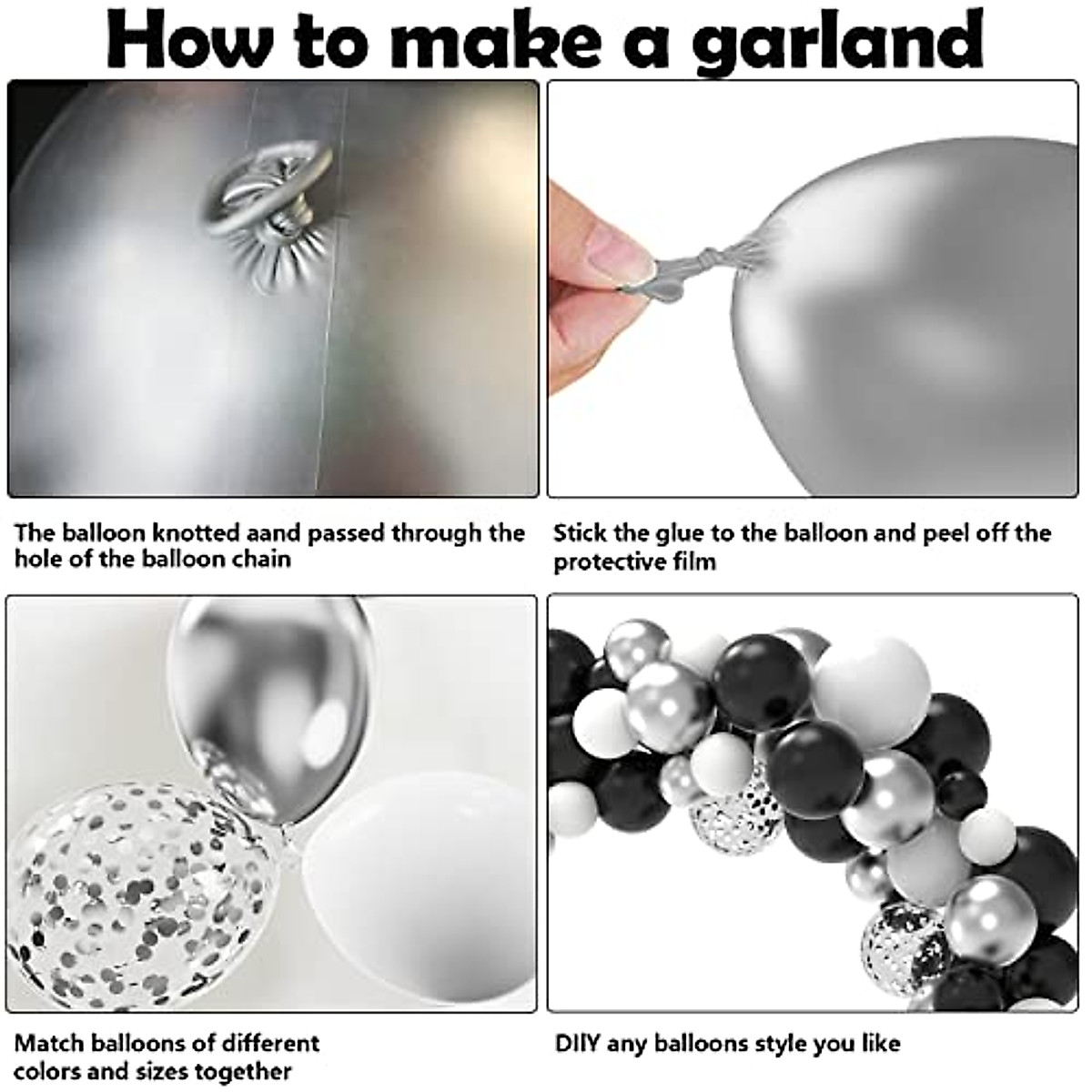 NISOCY Black Silver White Confetti Balloons Arch Kit, 120 PCS 12in 10in 5in Latex Balloons Garland Arches Kit for Birthday, Wedding, Anniversary, Celebrations Party Decoration