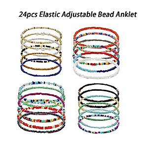 yfstyle 24PCS Boho Beaded Anklet for Women Elastic Anklets Colorful Beaded Ankle Bracelet Handmade Adjustable Elastic Anklets African Anklets Beach Bead Anklet Boho Style Bead Anklet for Girls-24