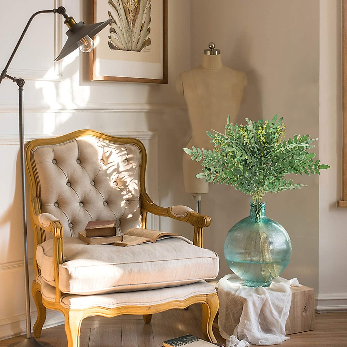 Phliofd 3pcs Artificial Greenery Stems Fake Ferns Plants 23.6'' Tall, Faux Leaves Shrubs Branches for Outdoor Wedding Flower Arrangements Home Garden Table Centerpiece Spring Summer Decor Green