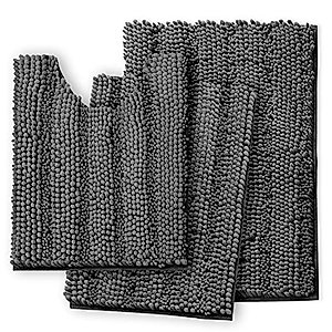 Clara Clark Chenille Bathroom Rugs, Ultra Soft Plush Shaggy Bath Mats for Bathroom, Machine Washable Non Slip Backing Rubber Bath Rug Set, 3 Piece Bathroom Rug Set, Gray