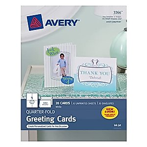Avery Printable Greeting Cards, Quarter-Fold, 4.25" x 5.5", Matte White, 20 Blank Cards with Envelopes (3266)