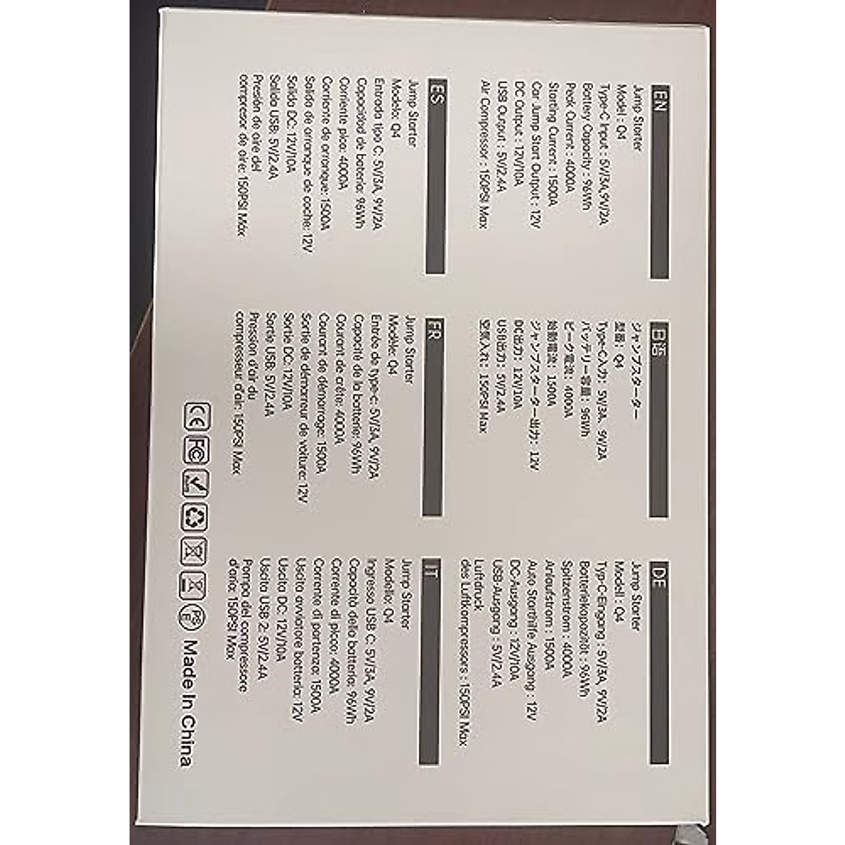 Car Jump Starter with Air Compressor, 4000A Peak 150PSI Portable Battery Starter 12V 26800mAh Car Battery Booster Pack (8.0L Diesel/All Gas), 4 in 1 Jump Starter/Air Compressor/Power Bank/LED Light