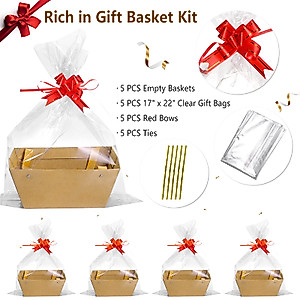 Aoibrloy Basket for Gifts Empty, Kraft Basket With Handles Gift Basket Kit With 5 Empty Gift Baskets, 5 Bags and 5 Bows, Gift Packages for Valentine's Day, Wedding, Birthday Party Gift Wrapping