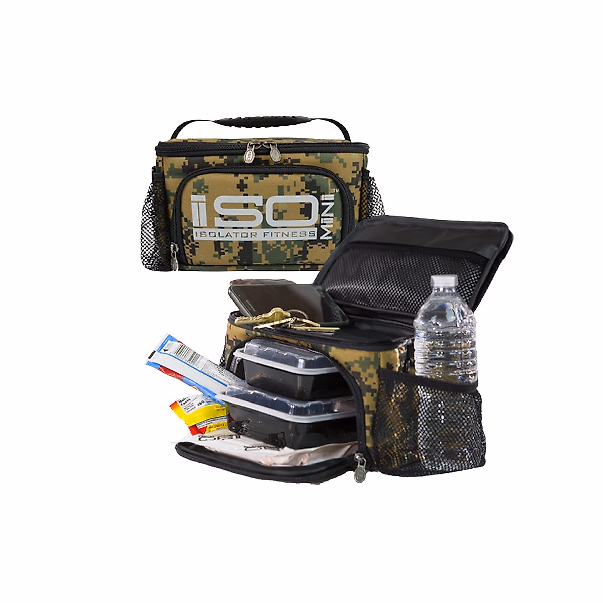 Small Meal Prep Lunch Bag ISOMINI 2 Meal Insulated Lunch Bag Cooler with 4 Stackable/Reusable Meal Prep Containers, 1 Ice Pack ISOBRICK, and 1 Shoulder Strap - Made in USA (Marine Woodland)