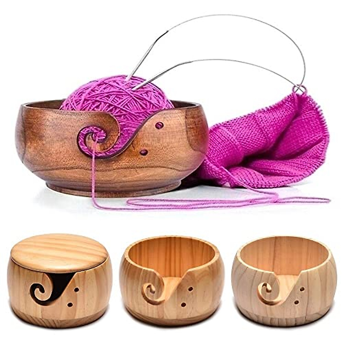 gofidin Craft DIY Arts with Handmade Holes Knitting Crochet Weaving Tool Wool Holder Organizer Wooden Yarn Bowl Woolen Knitting Storage Basket(2)
