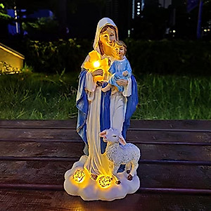 Voveexy Virgin Mary Statue with Baby Jesus, Solar Mother Mary Statue Resin Figurine with Warm White Light Outdoor Decor Sculpture Patio Yard Art Religious Gift for Mother Christmas Day, 11.6Inch