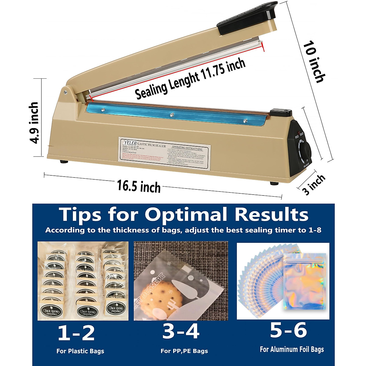 Yeler 12 Inch Impulse Heat Sealer Impulse Bag Sealer Manual Poly Bag Heat Sealer Machine for Plastic Bags PE PP Bags Extra Replace Element Grip (Beige)
