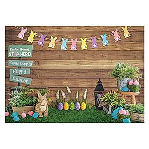 Funnytree 7x5ft Spring Happy Easter Theme Photography Backdrop Rustic Wooden Wall Background Bunny Rabbit Colorful Eggs Grass Floral Baby Kids Portrait Party Decor Banner Photo Booth Studio