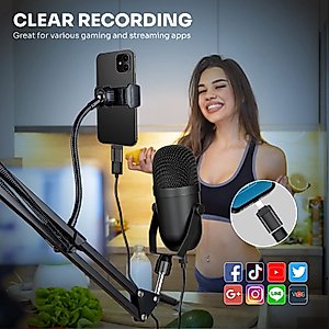 Podcast Microphone for Phone/Pad/PS4,Condenser Recording USB Microphone for Computer,Metal PC Microphone for Gaming,ASMR,YouTube,Streaming Mic Kit with Noise Cancelling for Laptop MAC or Windows
