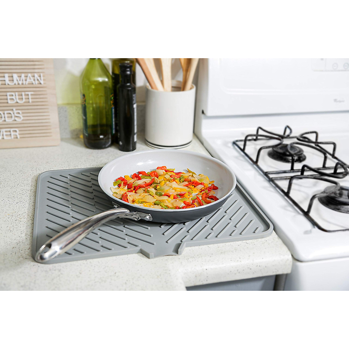 Luxet Silicone Dish Drying Mat with Built-in Drain Lip - Hygienic Drying Pad - Sturdy Compact Easy to Clean Tray Protects Surfaces Prevents Water Build Up -16.5 x 13 Inches (grey)