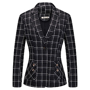 Womens 2 Piece Plaid Suits Casual Slim Fit Two Button Blazer and Pants Suit Set for Work Business Office(Black,Medium)