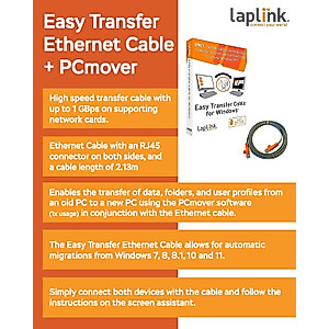 Laplink Easy Transfer Cable for Windows, Includes PCmover Express Software and Ethernet PC to PC Cable, Single Use License, Transfers Files, Settings, and User Profiles. Compatible with Windows 11