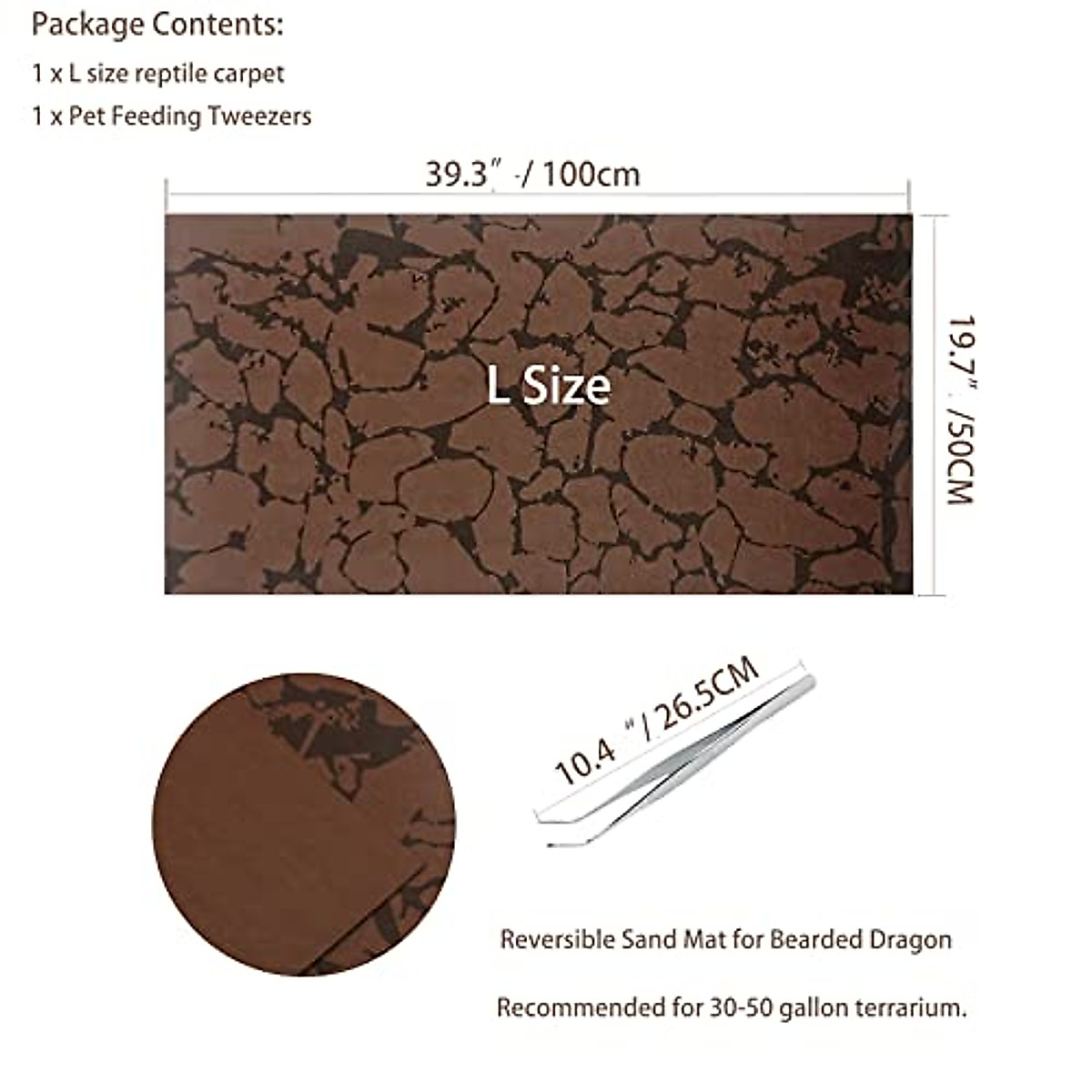 Tfwadmx Reptile Carpet Sand Mat for Bearded Dragon Terrarium Substrate Liner Brown Reversible Lizard Bedding Mats for Cage Leopard Gecko Tortoise Turtle Snake Chameleon with Tweezer 20"x 39"(2 Pcs)