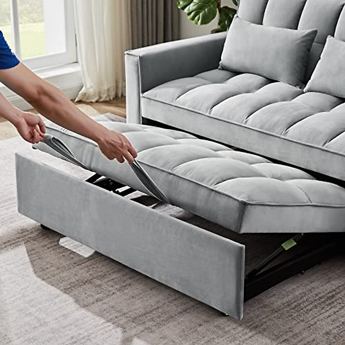 Merax Convertible Velvet Sleeper Sofa Bed, 55.2" Velvet Loveseat Modern Adjustable Pull Out Lounge Chaise Armchair with 2 Lumbar Pillows for Home Office