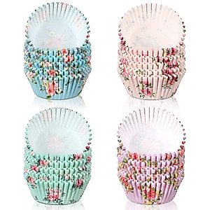 Yaomiao 600 Count Floral Cupcake Liners Tea Party Baking Paper Cupcake Liners Wrappers Flower Muffin Liners for Tea Party Wedding Birthday Baby Shower Decorations, 4 Styles