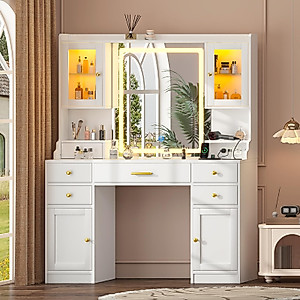 Dnxao White Vanity Desk with Mirror,Lights and Charging Station,Make up Vanity Mirror with 3 Lights Mode and Brightness Adjusted,Large Storage Space-6 Drawers,4 cabinets,2 RGB cabinets