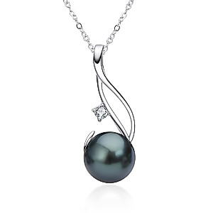 DENGGUANG Tahitian Black Pearl Necklace Genuine 9.5-10mm Round South Sea Cultured Pearl Pendant 18K Gold Plated 925 Sterling Silver- Jewelry Gifts for Women Wife Mom Daughter