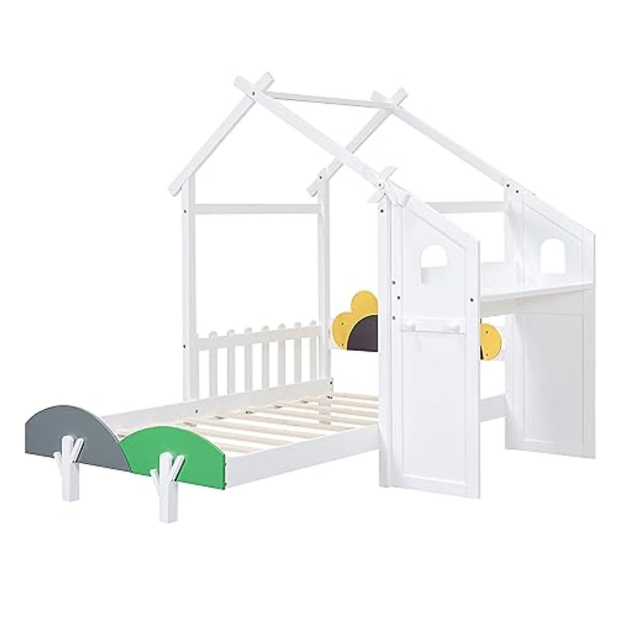 NCKMYB Kids House Bed with Flower Decor Headboard, Twin Size Wood Platform Bed with Desk, Fun Playhouse Bed for Boy Girl, White