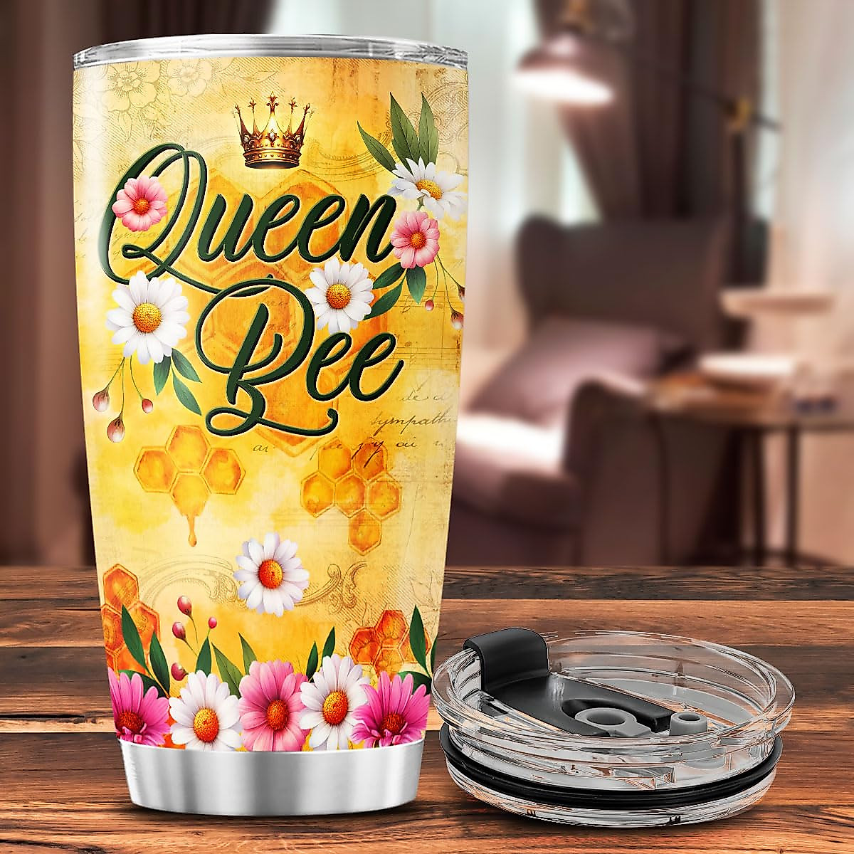 HUBUPU Queen Bee Floral, Tumbler 20 Oz With Lid And Straw, Bee Gifts, Flower