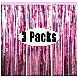 3 Packs 3.2ft x 6.6ft Light Pink Metallic Tinsel Foil Fringe Curtains Photo Booth Props for Birthday Wedding Engagement Bridal Shower Baby Shower Bachelorette Holiday Celebration Party Decorations