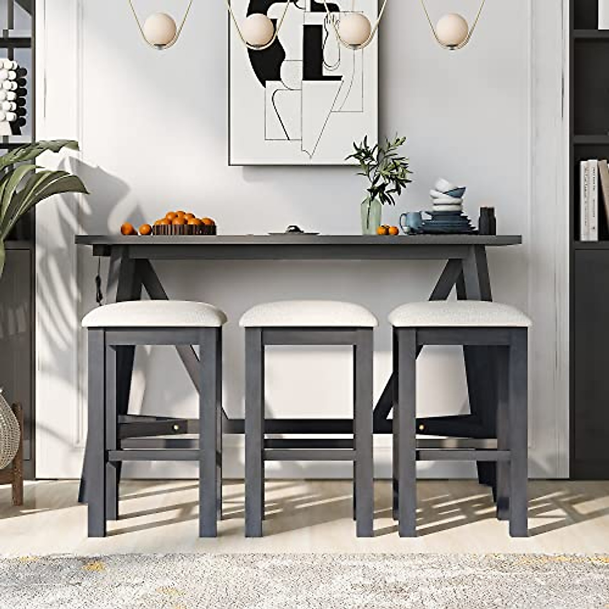 Merax 4-Piece Bar Table Set with USB Port and 3 Fabric Padded Stools w/Footrest, Rustic Bar Dining Set