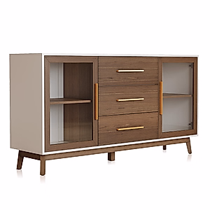 BELLEZE Sideboard Buffet Cabinet with 3 Drawers & 2 Doors, Console Table for Kitchen Glass Storage Cabinet Coffee Bar Accent Cabinet for Living Room Dining Room Hallway, Brown