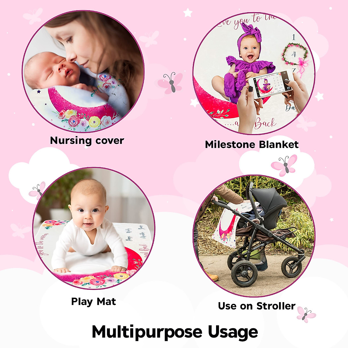 Baby Monthly Milestone Blanket for Boys and Girls 60 x 40 Inch Thick Fleece Baby Month Blanket with 2 Felt Frames Newborn Photography Prop Photo Blanket (Floral Moon)