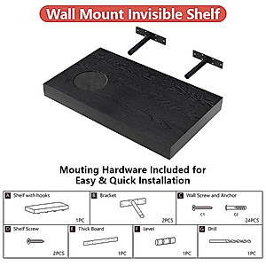 Butizone Tonal Accessory Shelf, Black Wood Tonal Accessory Floating Shelf, Home Gym Accessories Storage Rack with 5-pcs T-Lock Clips Hooks