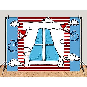 Cartoon Blue Window Backdrops for Photography Kids Birthday Party Background 5x3ft Blue Red Kite Striped Kids Party Backdrop Boys Girls 1st Birthday Decorations Cake Table Banner Photo Booth Props