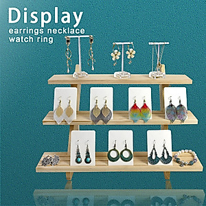 Auroal 3 Tier Earring Display Stands For Selling, Retail Display Riser Earring, Ring Holder Stand, Removable Countertop Small Merchandise Display Stand, for Figures,Cupcake, Photo (Wood color)