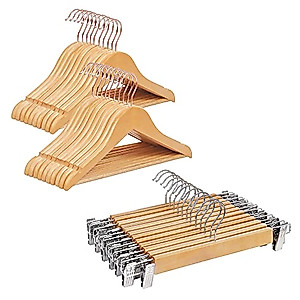 SONGMICS Kid’s Coat Hangers and Pants Hangers Bundle, 20-Pack Solid Wood Hangers with Shoulder Notches, 12-Pack Pants Hangers with Adjustable Clips, Natural UCRW006N03 and UCRW008-12