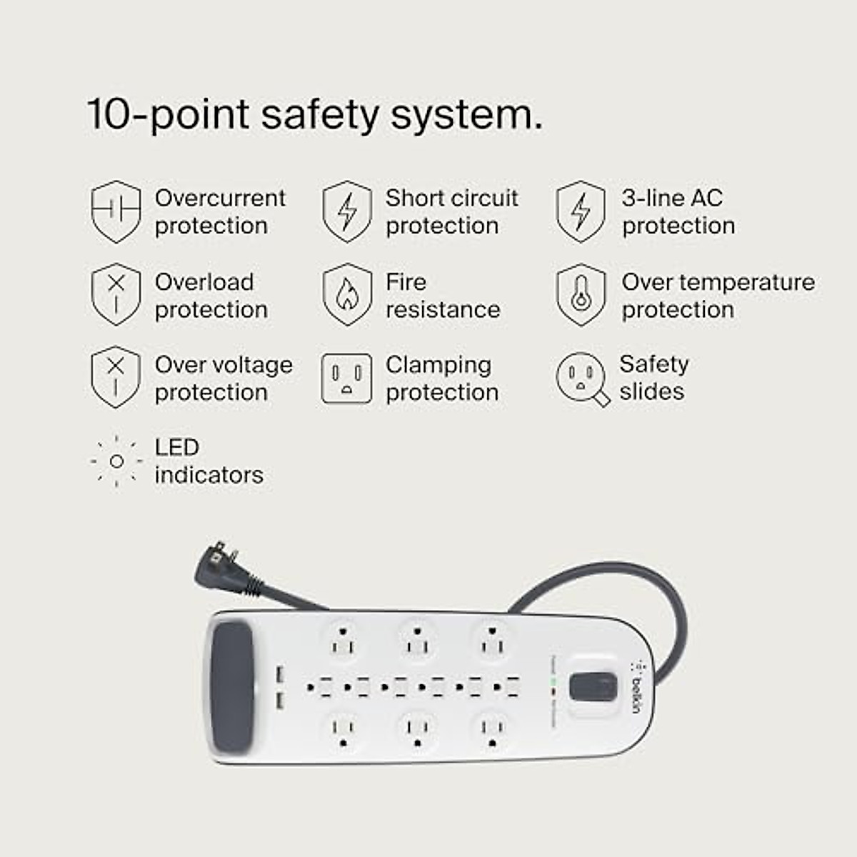 Belkin USB Power Strip Surge Protector - 12 AC Multiple Outlets & 2 USB Ports - 6 ft Long Flat Plug Extension Cord for Home, Office, Travel, Computer Desktop & Charging Brick - White (3,996 Joules)