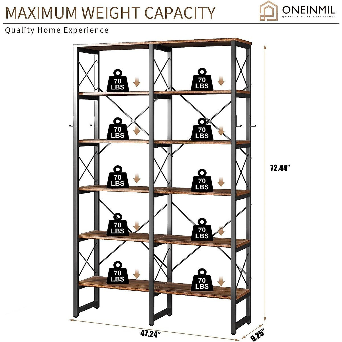 oneinmil Double Wide 6-Tier Bookcase, Industrial Bookshelf with Metal Frame, Open Large Book Shelf, Wood and Tall Display Shelves for Home and Office, Rustic Brown and Black