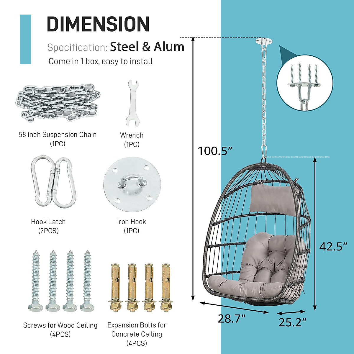 Patiorama Indoor Outdoor Egg Swing - Rattan Hanging Chair w/Cushion, 350lbs Capacity, All Weather Foldable Hammock Chair for Bedroom, Porch (Light Grey)