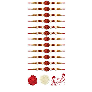 Indian Crafts Rakhi 12 Pc Rudraksh Rakhi For Brother Dora Pattern Rakhi For Bhaiya & Bhabhi with Roli Chawal,Bracelet for Boy's & men, Rudraksh Rakhi,Rakhi Combo For Brothers, M, beads