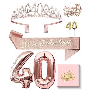 40th Birthday Gifts Decorations for Women - 40 Birthday Cake Topper, Balloons, Queen Sash, Crown and Candle Set, Rose Gold