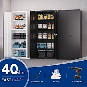 FLEXIMOUNTS Metal Storage Cabinet, 5-Tier Locking Cabinet with 4 Adjustable Shelves and 2 Doors, 71" H, Large-Capacity Cabinet for Garage, Home, Office, Laundry Storage, Black