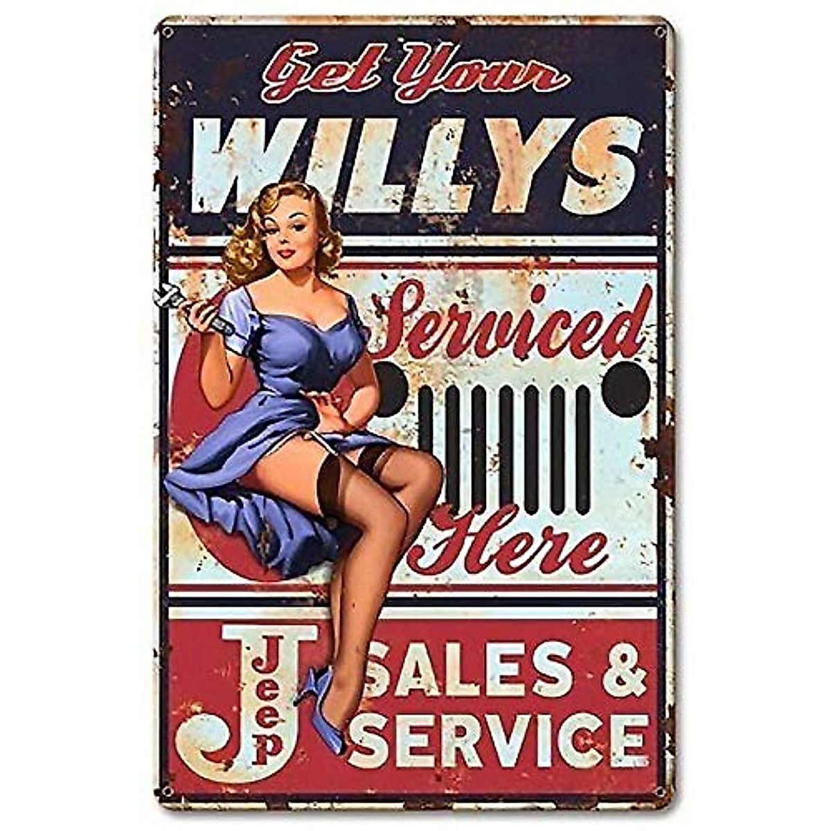 Willys Serviced Here Pin-up Girl Metal Vintage Tin Sign 8x12 inch Tin Sign