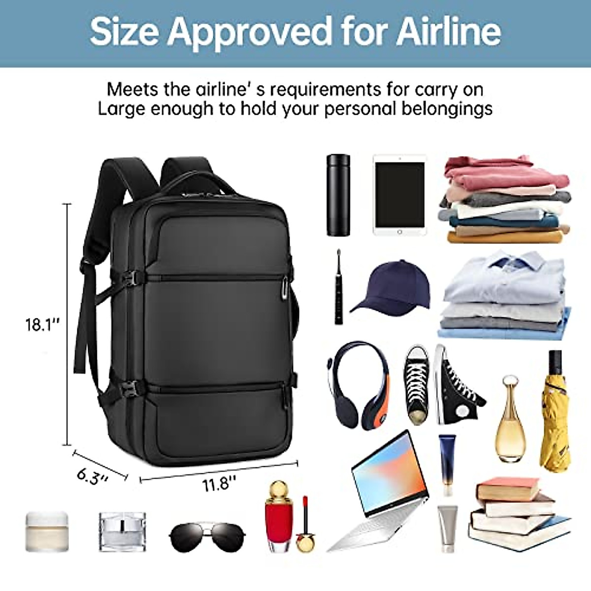 DAILY&DIARY Travel backpack, Carry On Backpack for Men Women 40L Traveling Backpack Flight Airline Approved 15.6 Inch Waterproof Laptop Backpack with USB Charging Port, Black