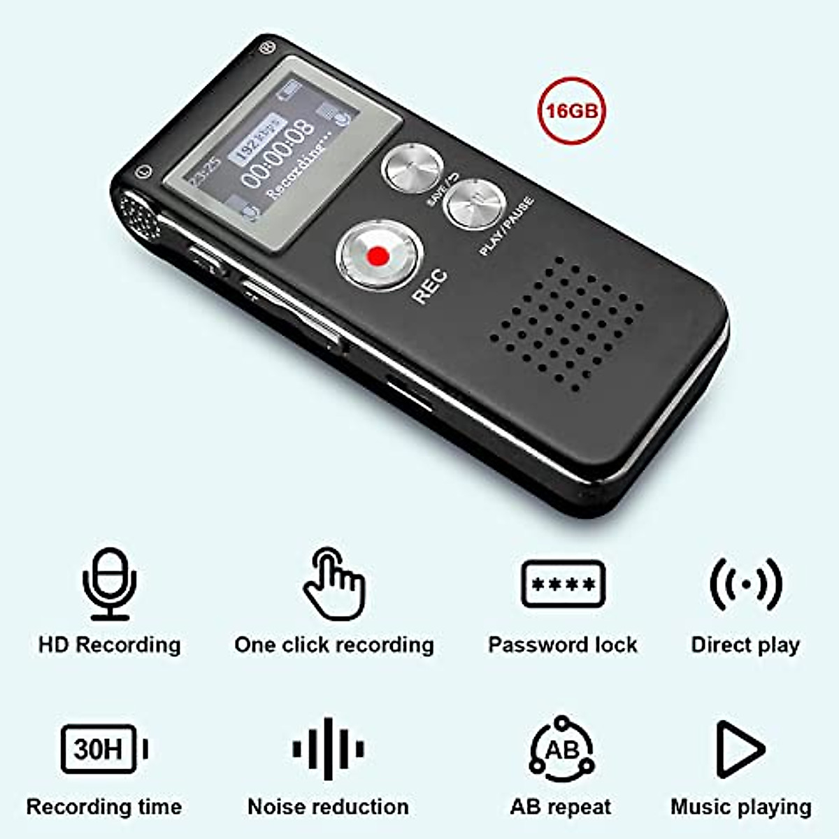 16GB Digital Voice Activated Recorder - Voice Recorder with Playback - Portable Tape Recorder Audio Recording Device with Noise Reduction Audio Recorder for Lectures Meetings