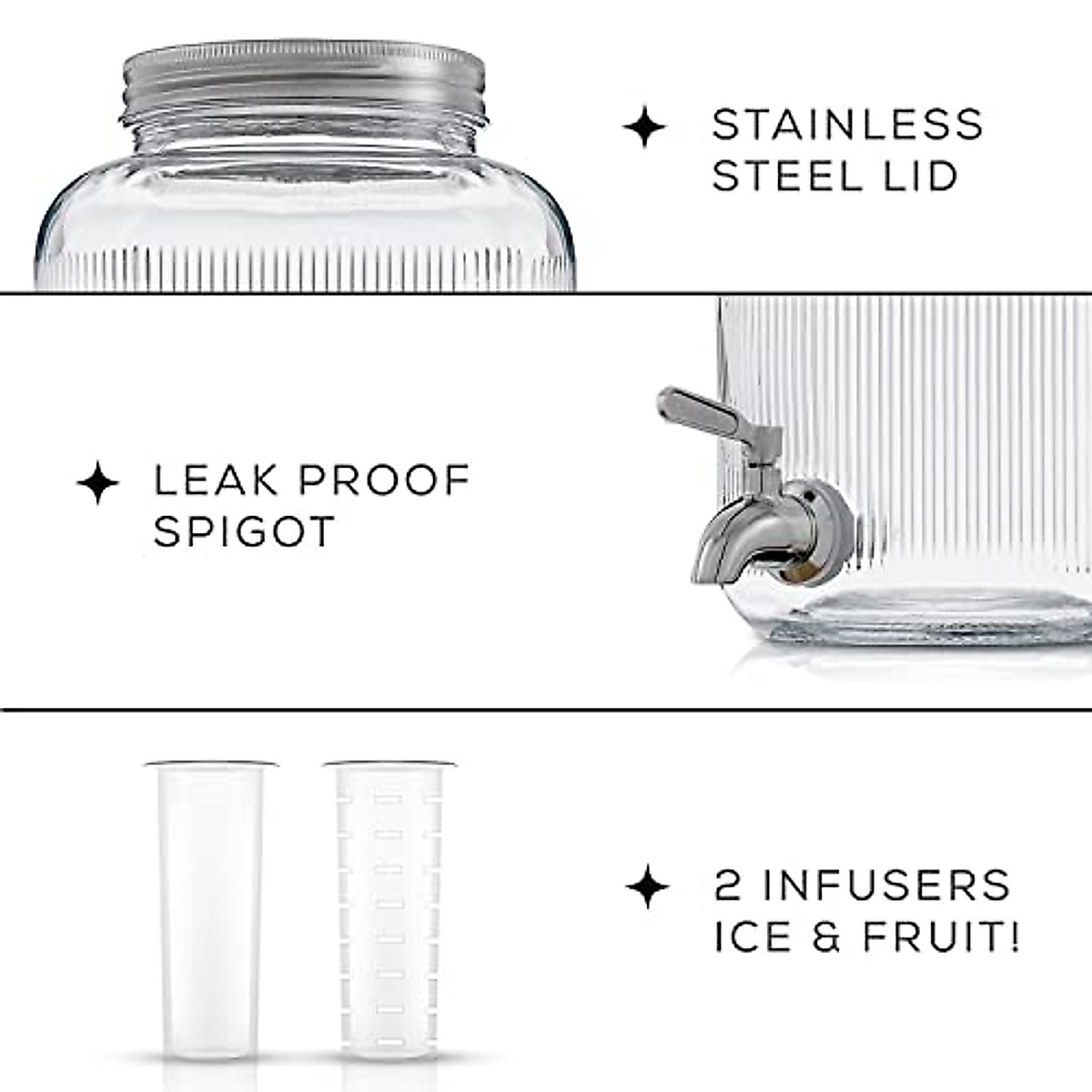 Fluted 1-Gallon Drink Dispenser. Glass Beverage Dispenser with Stainless steel Spigot plus Ice Cylinder and Fruit Infuser! Water Dispenser, Lemonade Stand, Juice Container - Dispensers for Parties